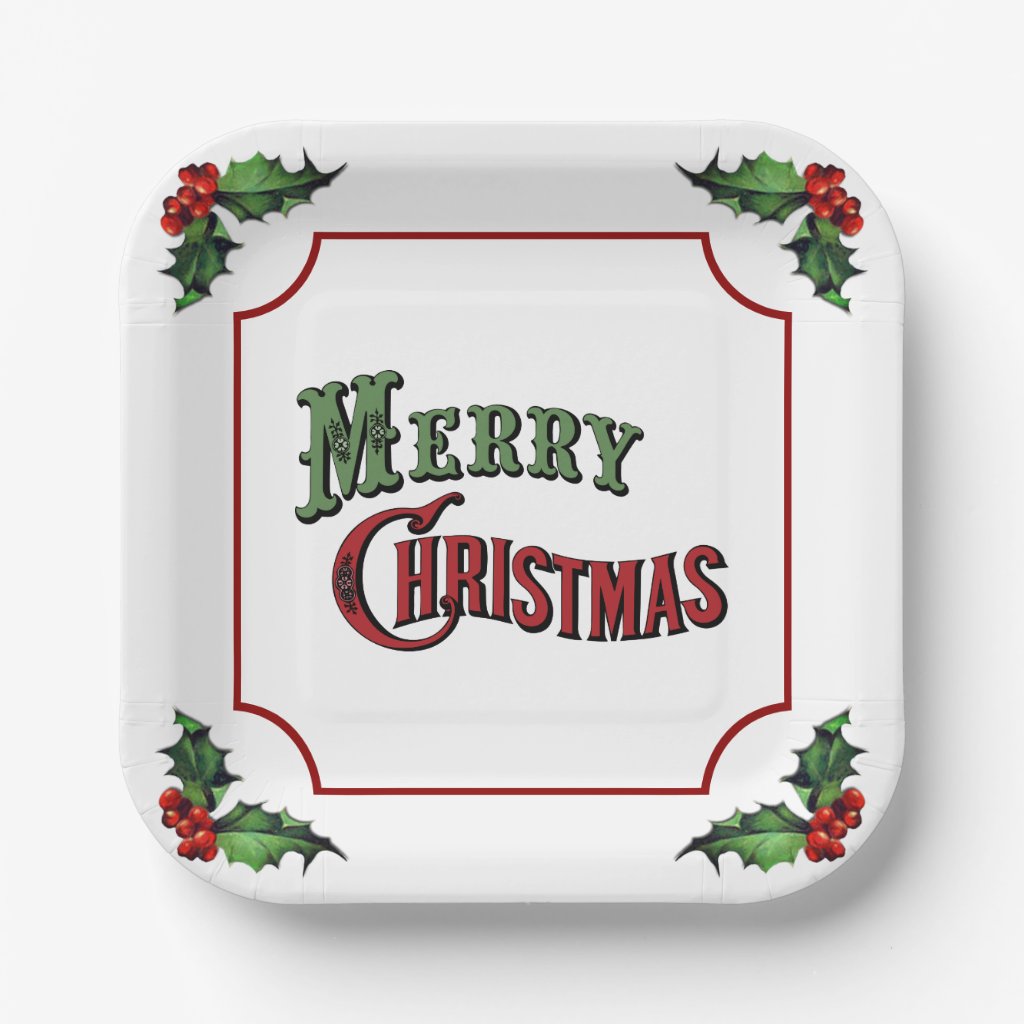 Merry Christmas with Holly Paper Plates. Set of 8. - Zuzu's Christmas